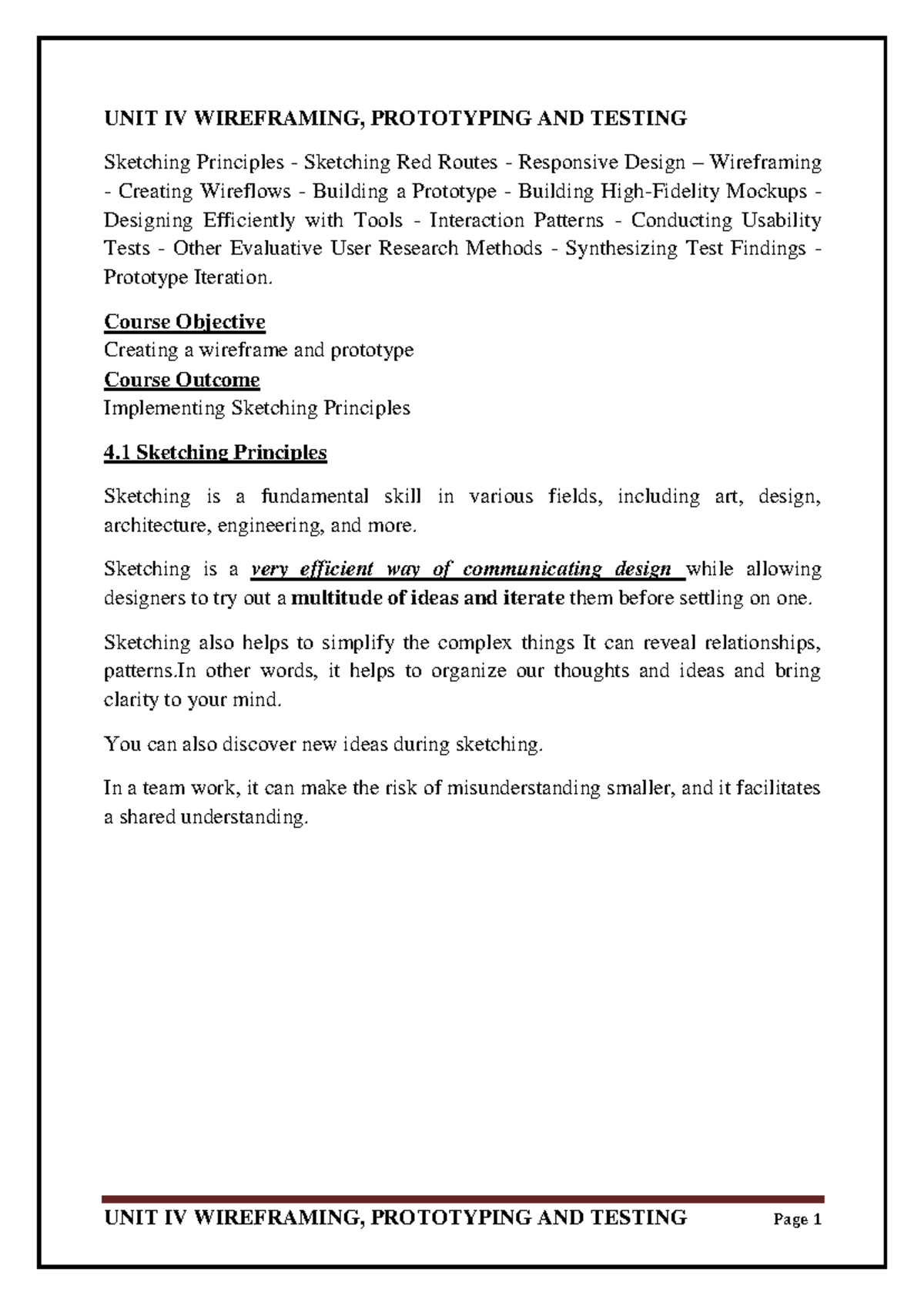 Unit4notes31 03 2024 Unit Iv Wireframing Prototyping And Testing Sketching Principles