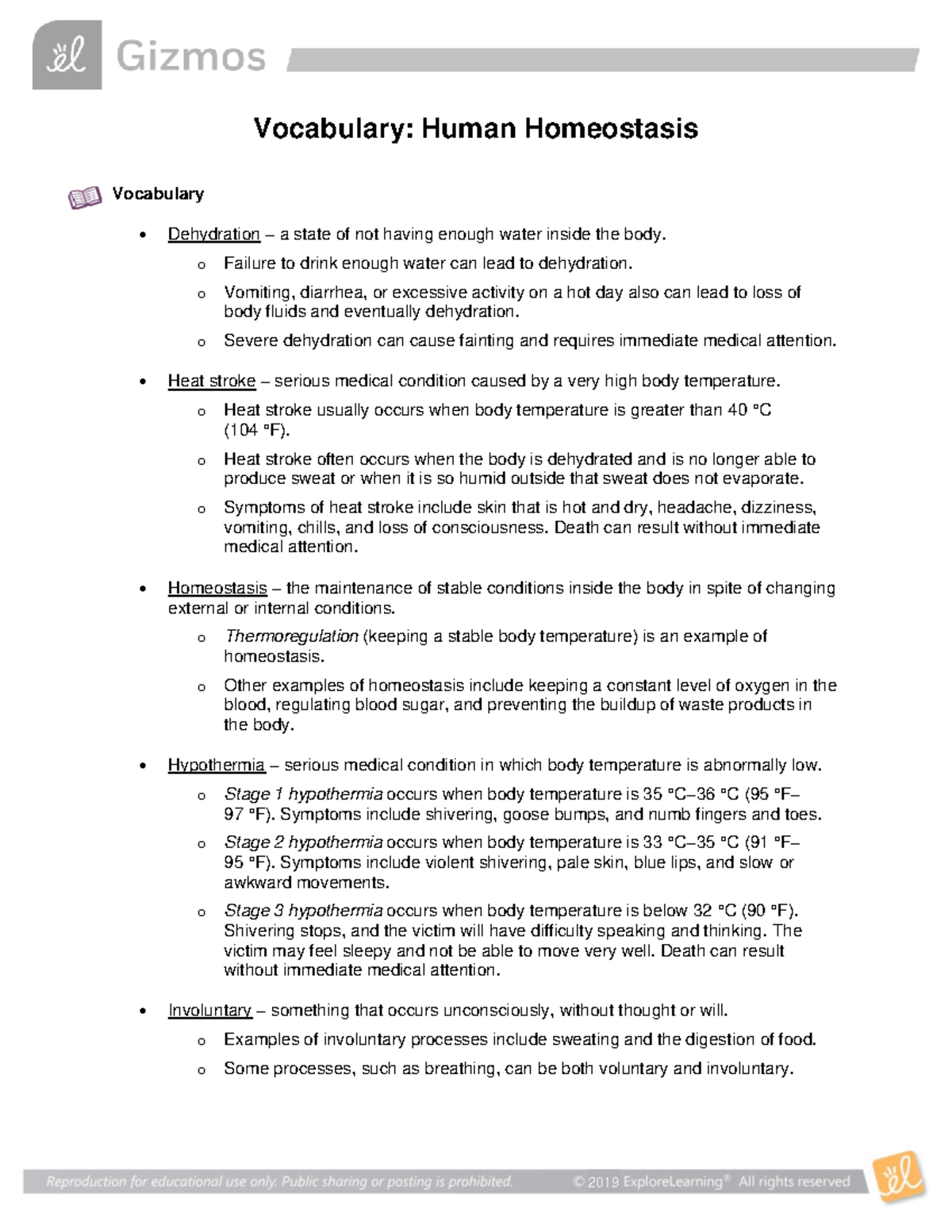 Human Homeostasis Vocab - 2019 Vocabulary: Human Homeostasis Vocabulary ...