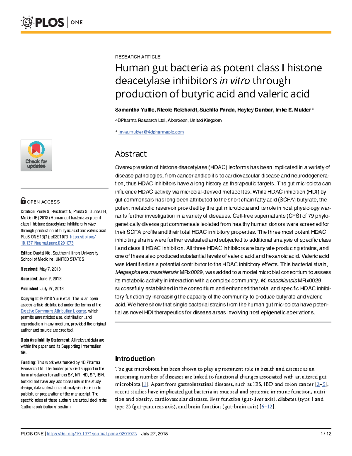 Human gut bacteria as potent class I histone - RESEARCH ARTICLE Human ...