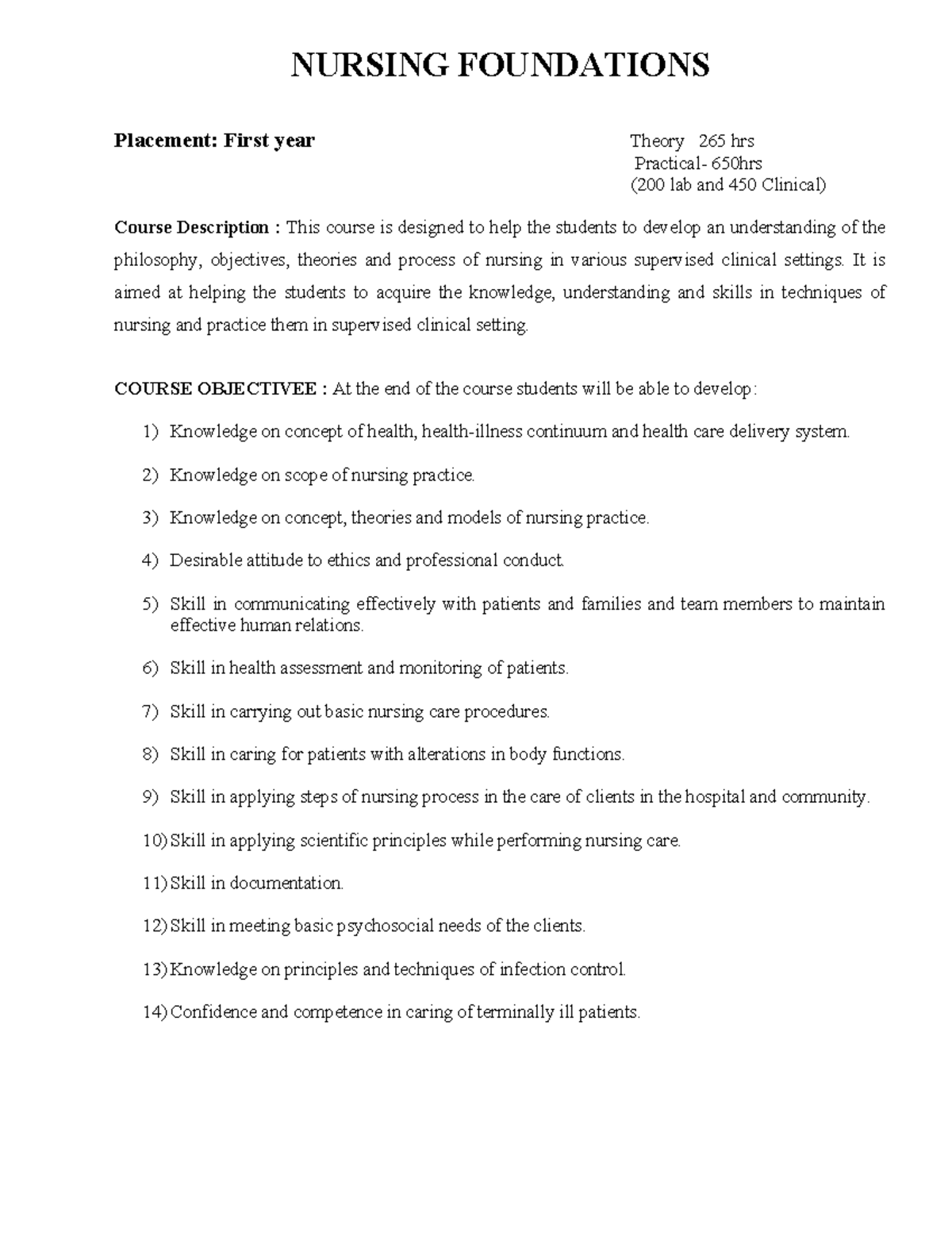 Syllabus 1st Yr Nursing Foundation NURSING FOUNDATIONS Placement