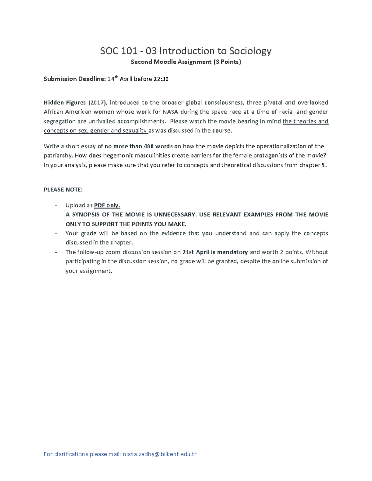 SOC101 Assignment 2 - Hidden Figures - For clarifications please mail: nisha@bilkent.edu SOC 101 ...