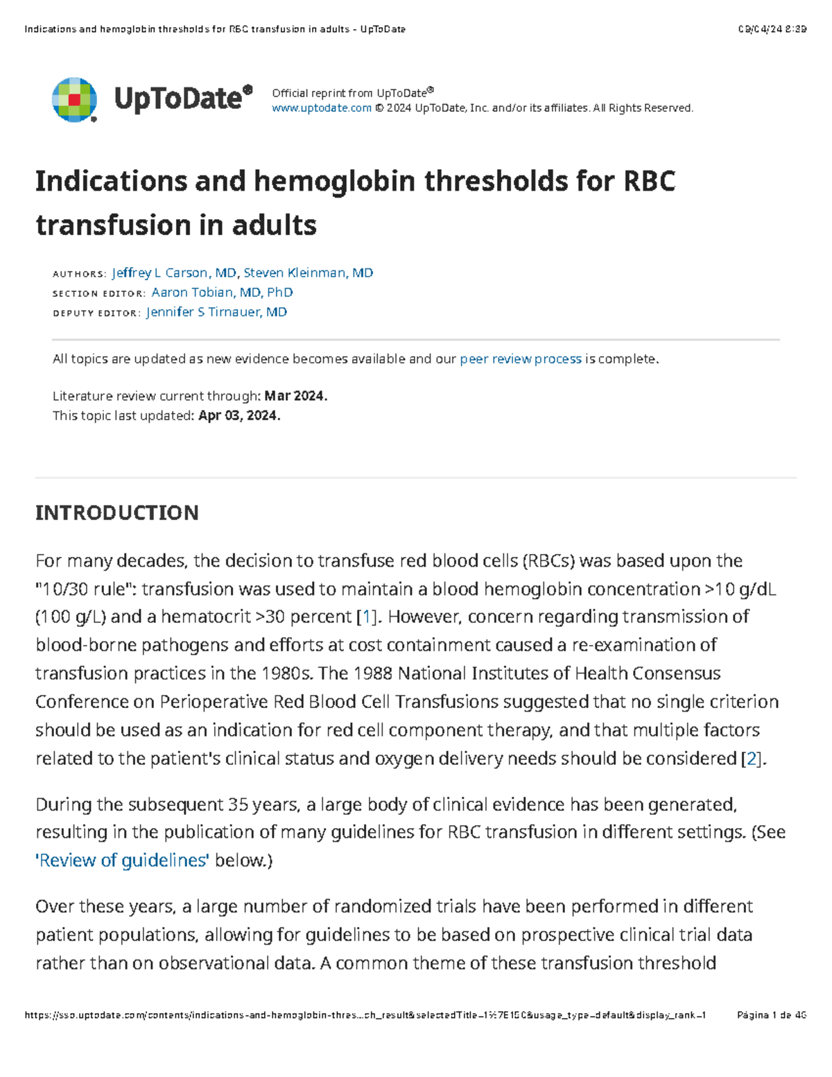 Indications and hemoglobin thresholds for RBC transfusion in adults ...