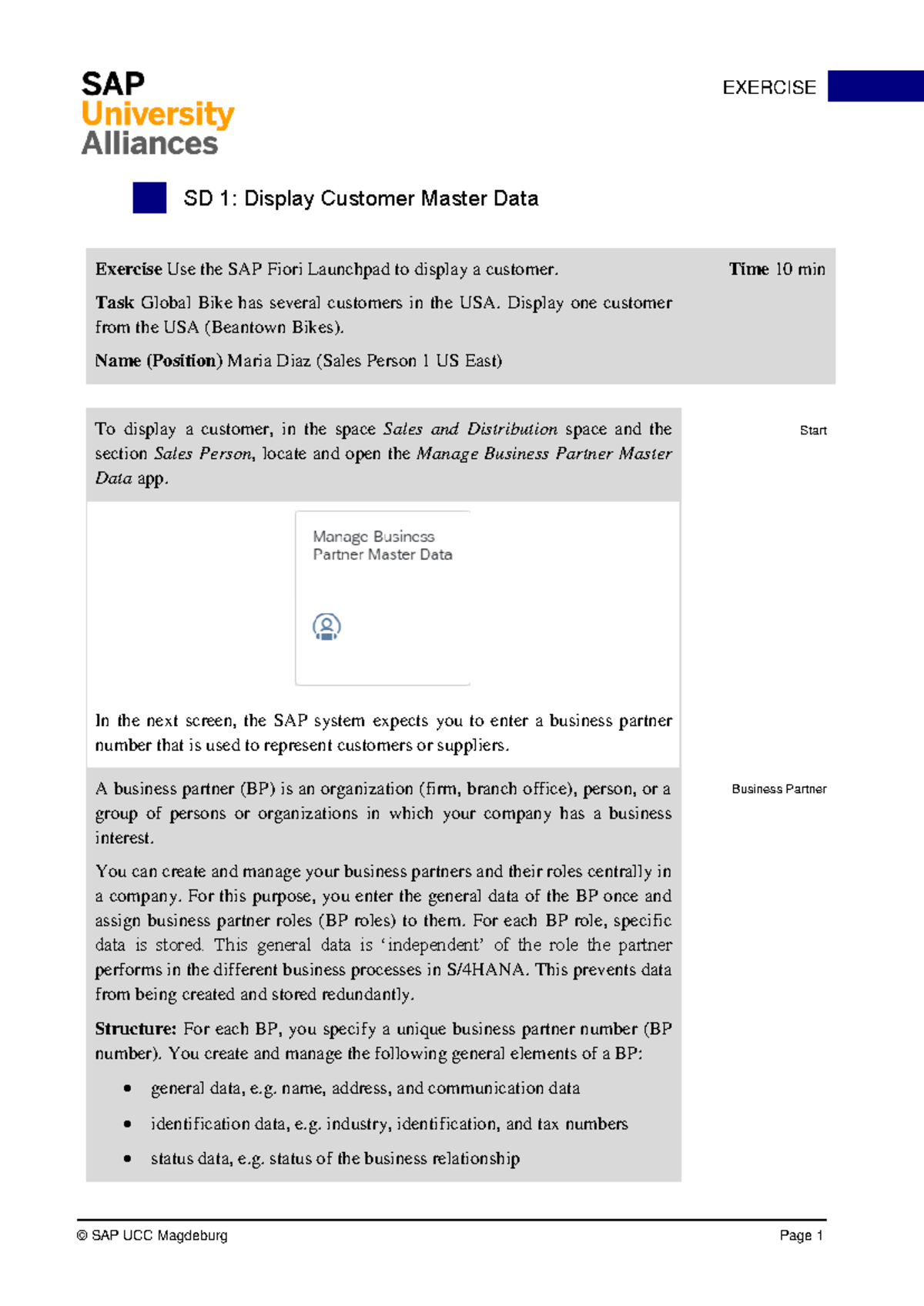 Intro S4HANA Using Global Bike Exercises SD en v4 - SD 1: Display Customer Master Data Exercise ...