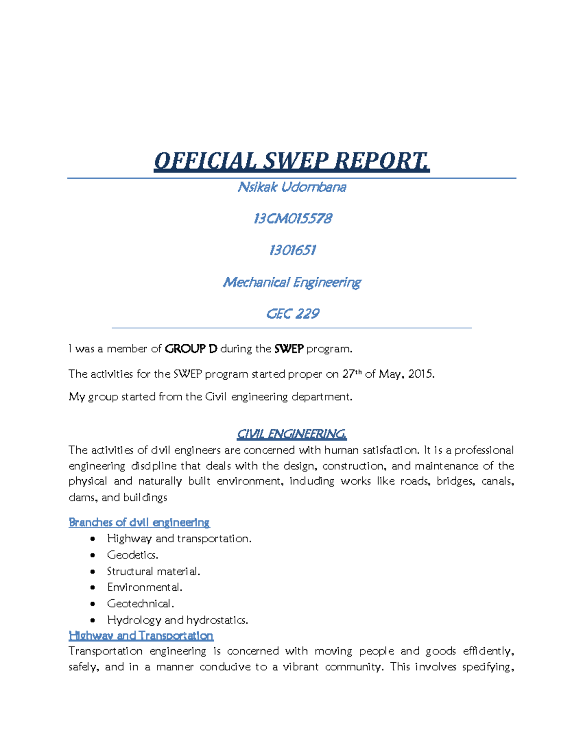 Official SWEP Report - OFFICIAL SWEP REPORT. Nsikak Udombana 13 CM ...