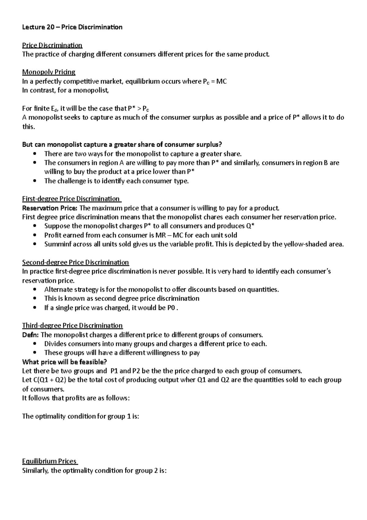 Lecture 20 - notes - Lecture 20 – Price Discrimination Price ...