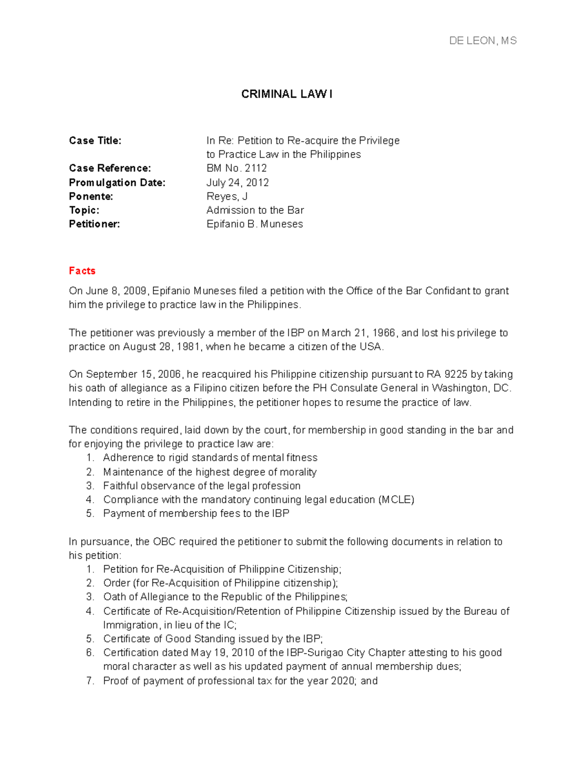 9. In Re Muneses, BM No. 2112 - DE LEON, MS CRIMINAL LAW I Case Title ...