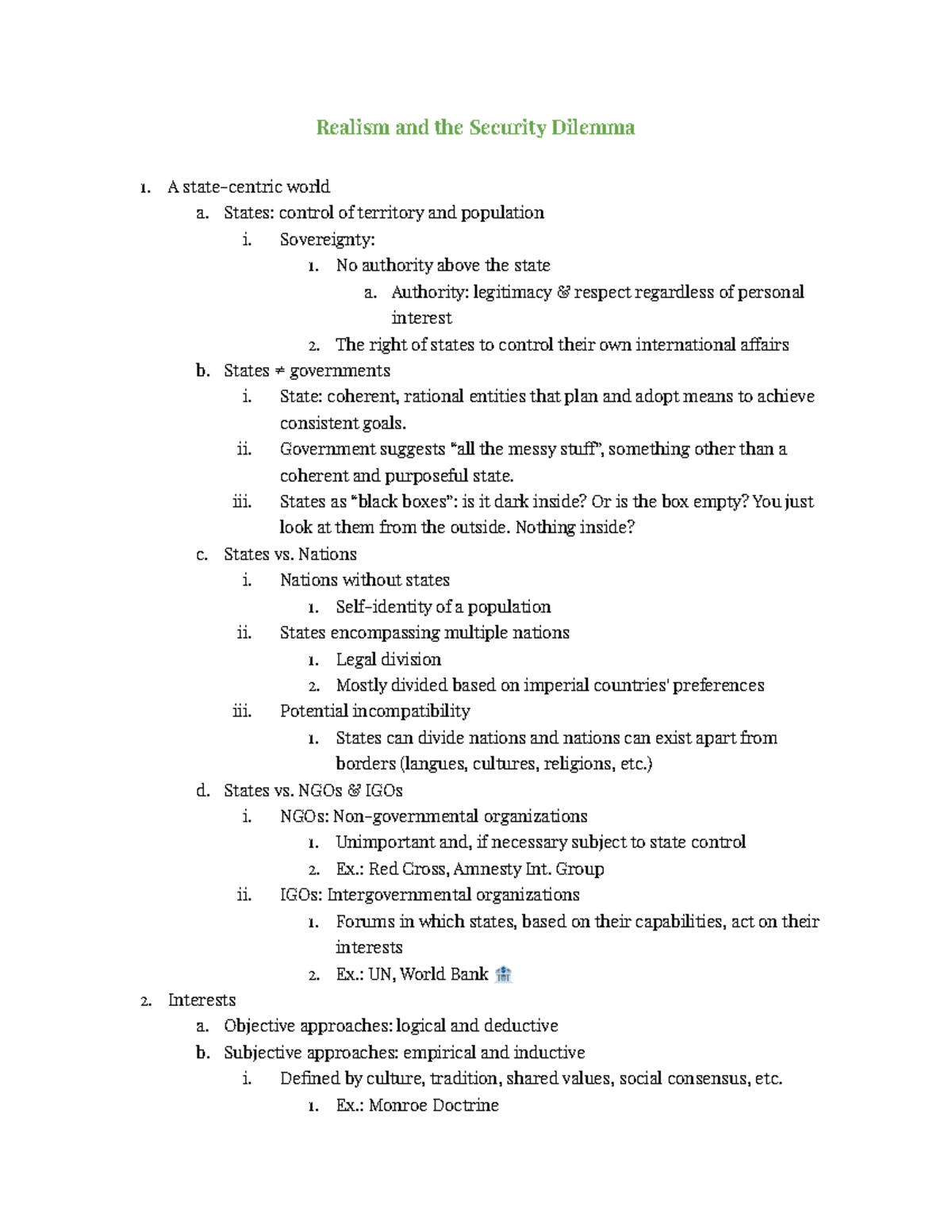 Class Notes - Realism and the Security Dilemma A state-centric world a ...