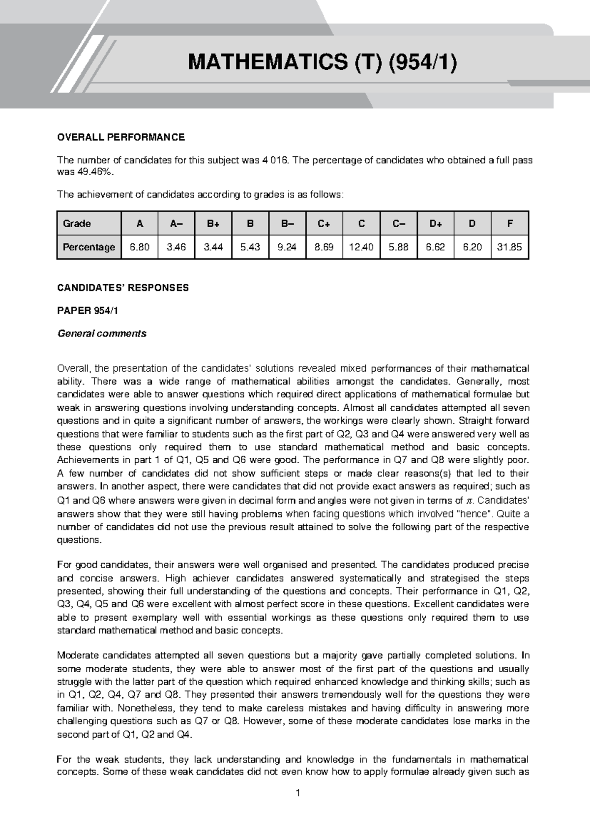 954 Mathematics T Laporan Peperiksaan - ####### OVERALL PERFORMANCE The ...