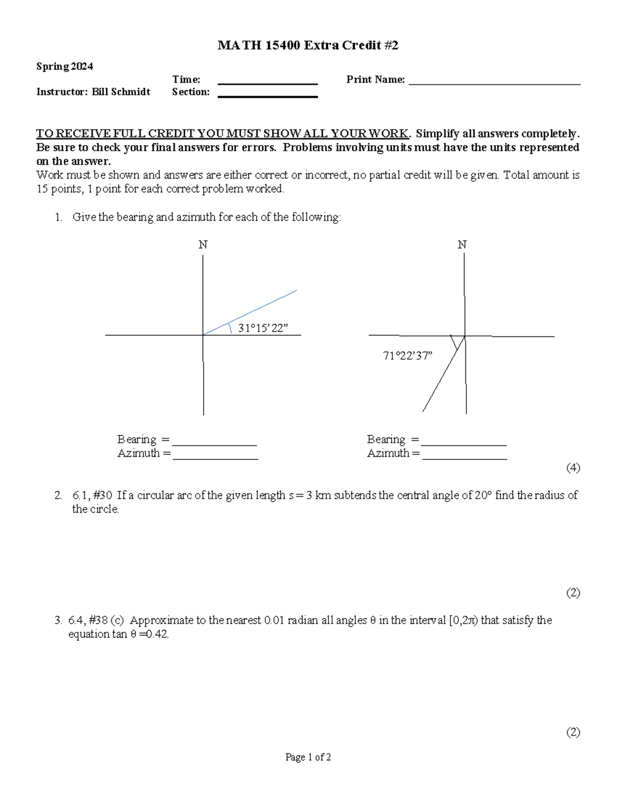 MA 15400+Extra+Credit+02 - MATH 15400 Extra Credit Page 1 of 2 Spring ...