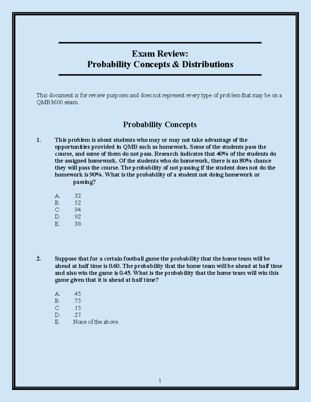 Exam1Review Probability Concepts Distributions - Exam Review: Probability Concepts & - Studocu