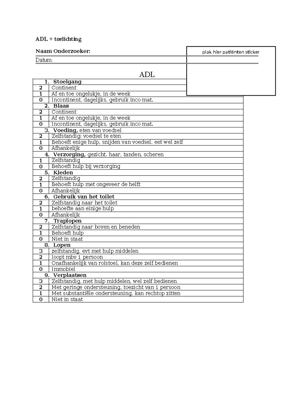ADL met toelichting - ADL + toelichting Naam Onderzoeker: Datum: ADL 1 ...