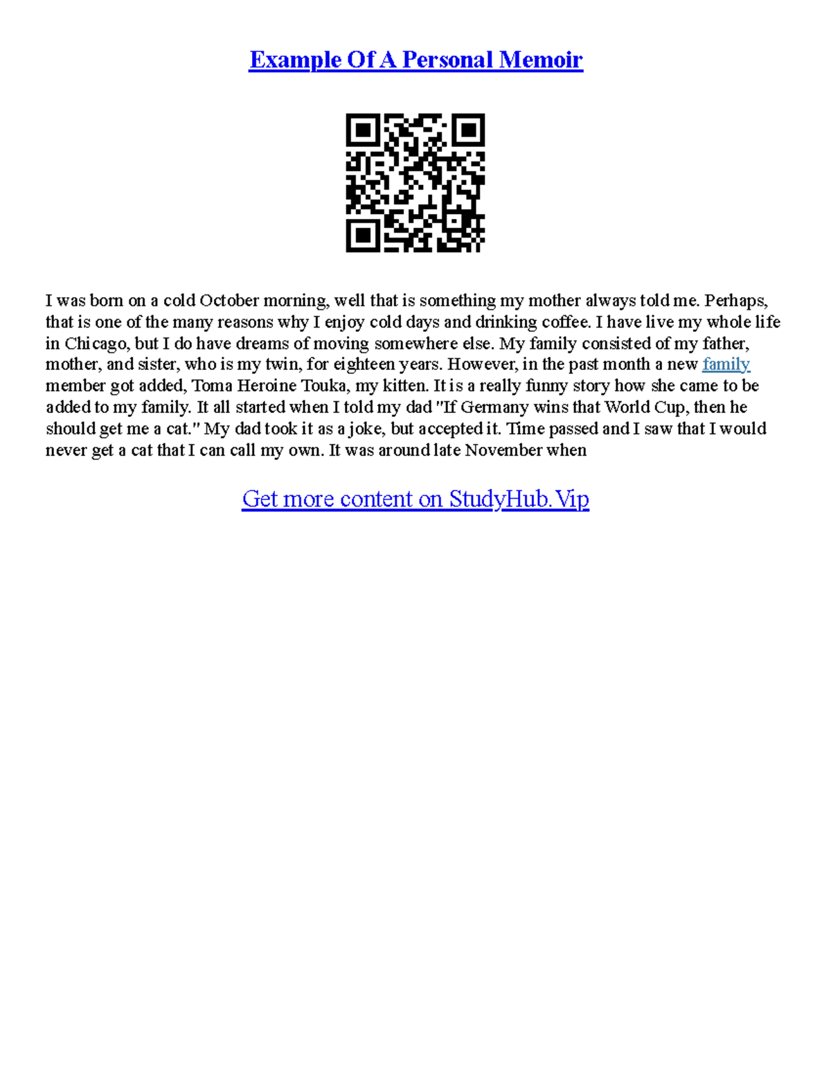 How To Write Memoir Essay - Example Of A Personal Memoir I was born on ...