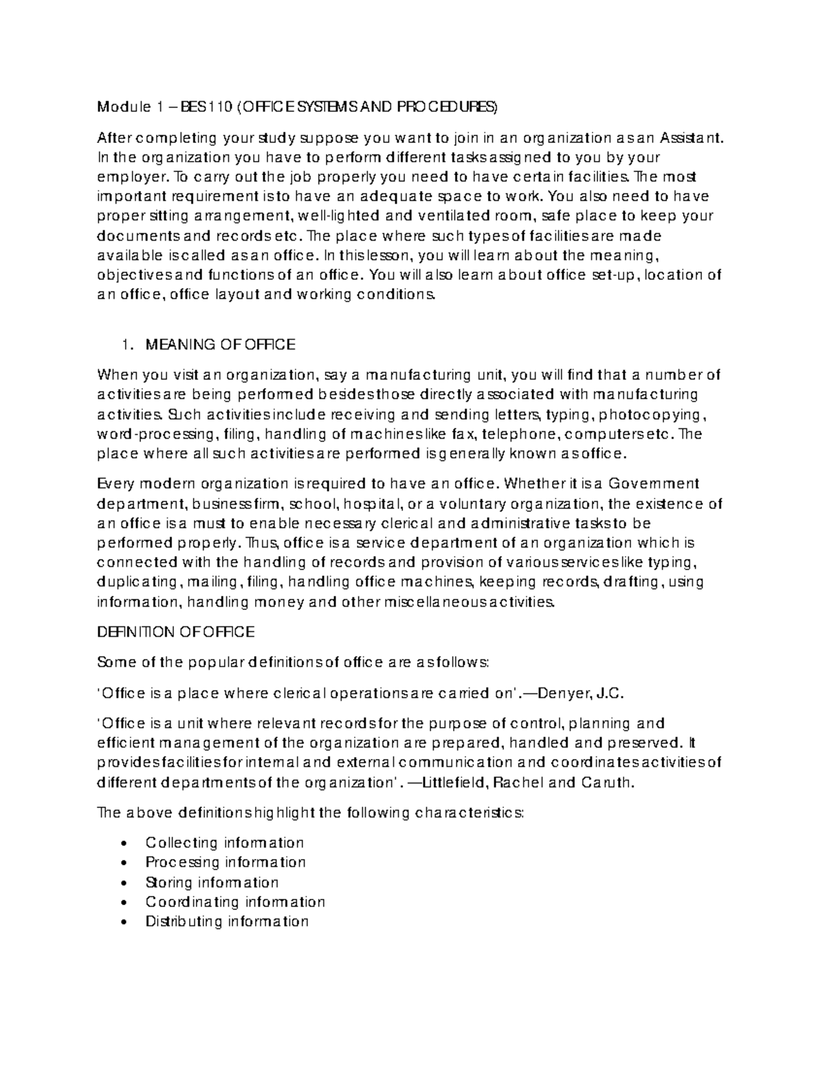 Module 1 - Lecture - Mod ule 1 – BES 110 (OFFICE SYSTEMS AND PROCEDURES ...