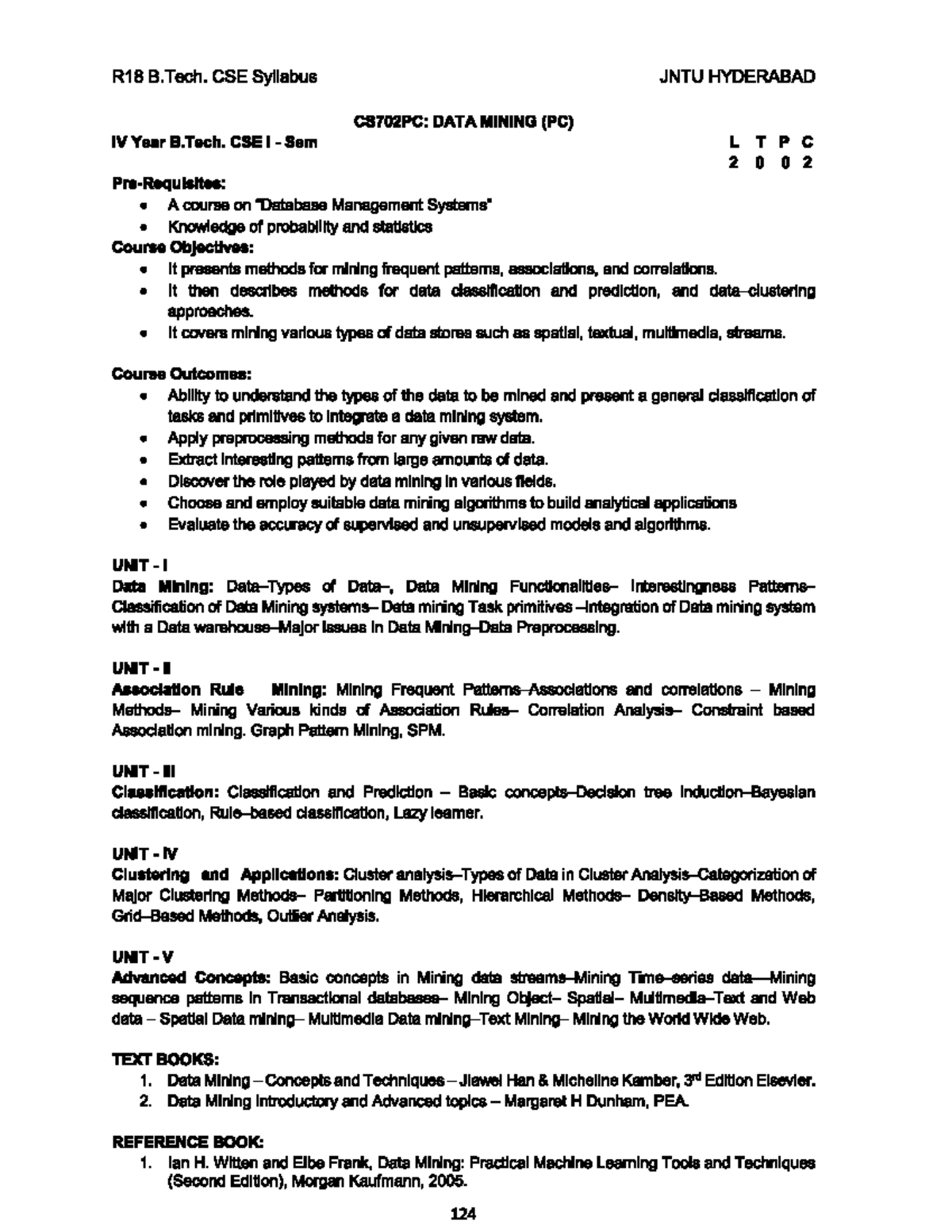 DM - syllabus - R18 B. CSE Syllabus JNTU HYDERABAD CS702PC: DATA MINING ...