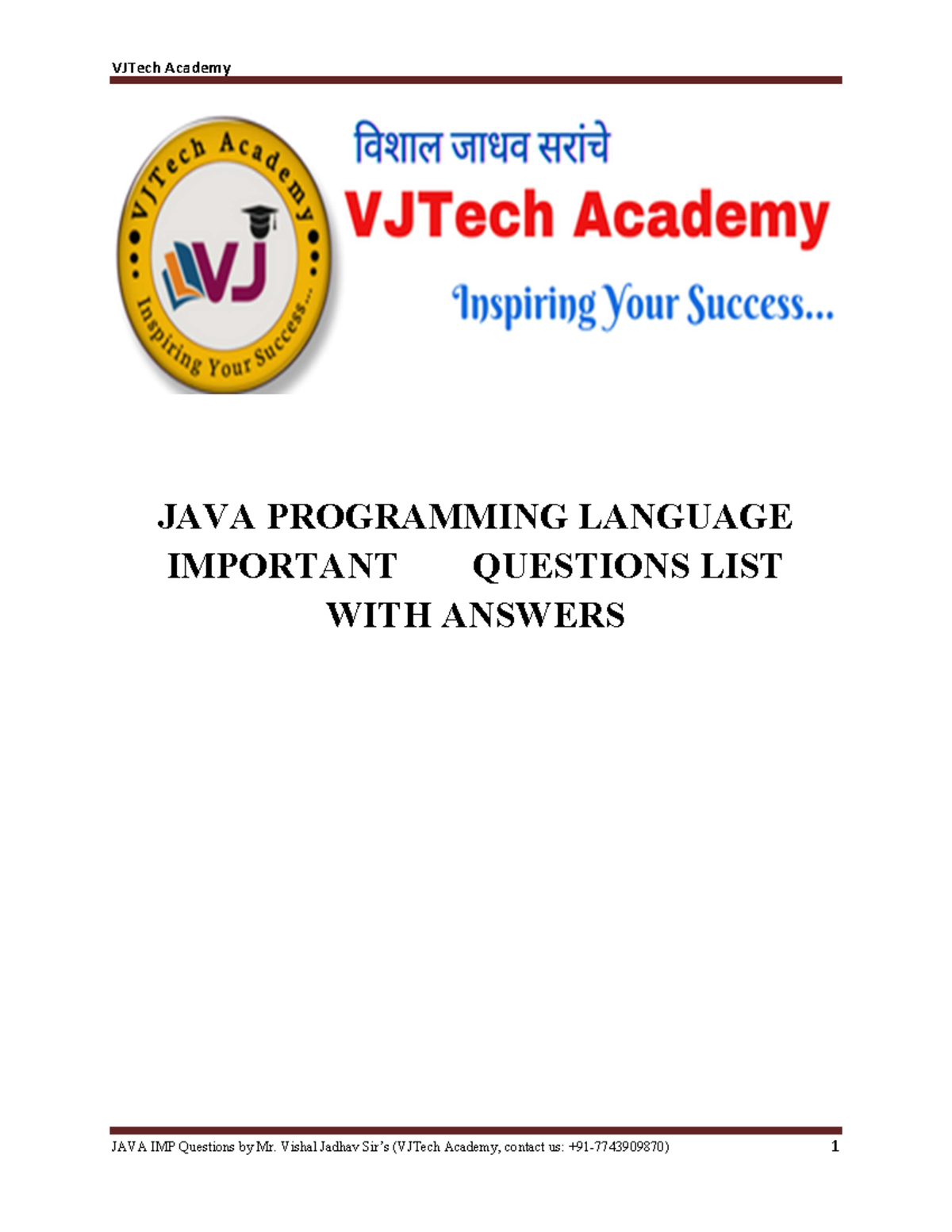 Java Lang Imp Questions By Vjtech Academy Java Programming Language Important Questions List