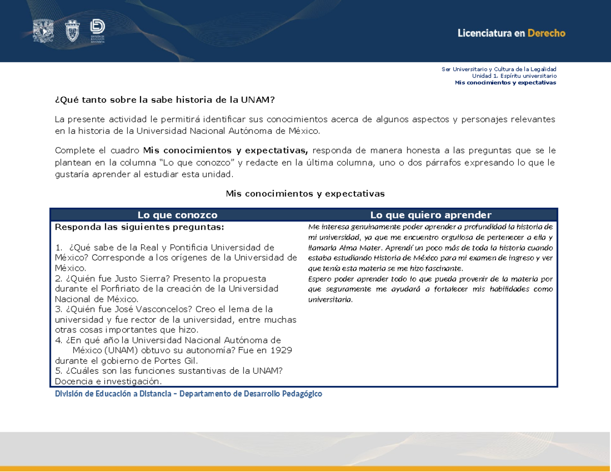 A1u1 sucl - Primer actividad - Ser Universitario y Cultura de la ...