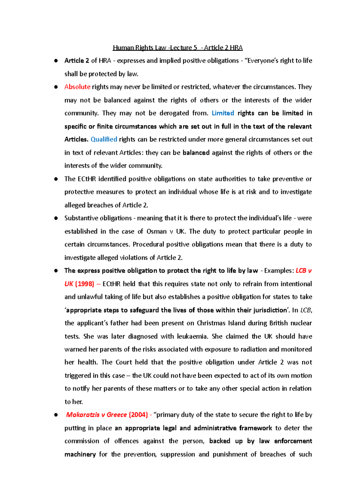 Human Rights Law -Lecture 5 - Absolute rights may never be limited or ...