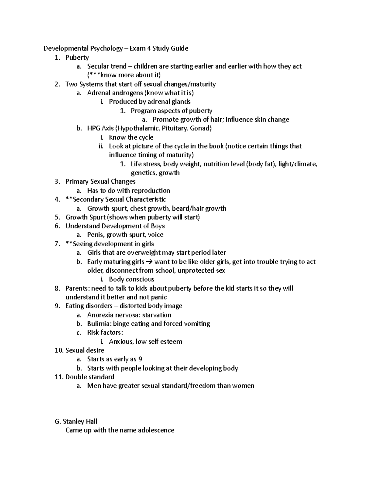 Developmental Psychology – Exam 4 Study Guide - Developmental ...