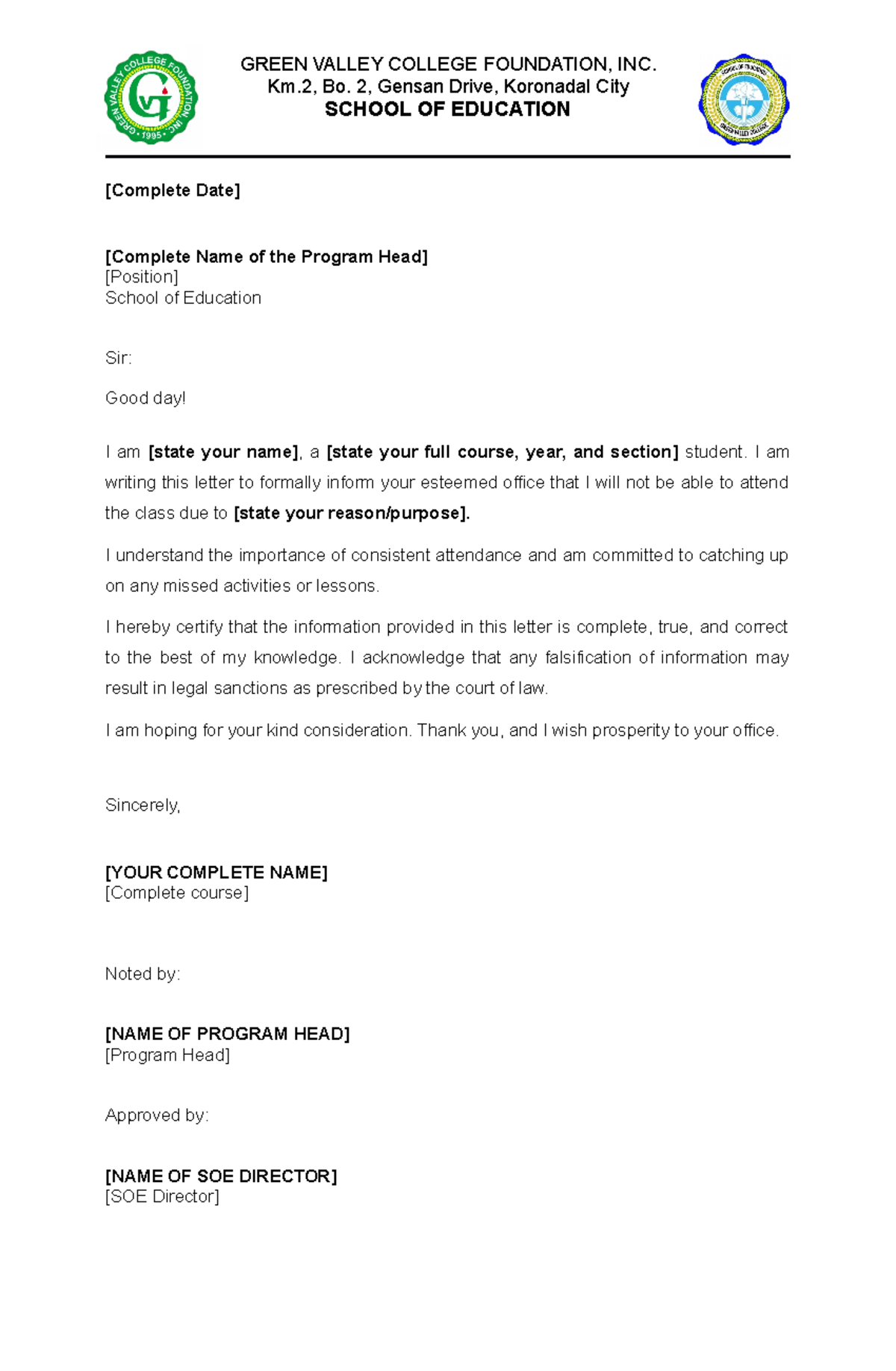 Sample Student Excuse Letter - GREEN VALLEY COLLEGE FOUNDATION, INC. Km ...