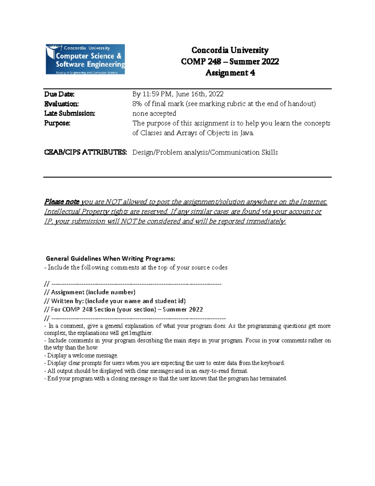 Assignment 4 - Summer 2022 Handout - Concordia University COMP 248 ...