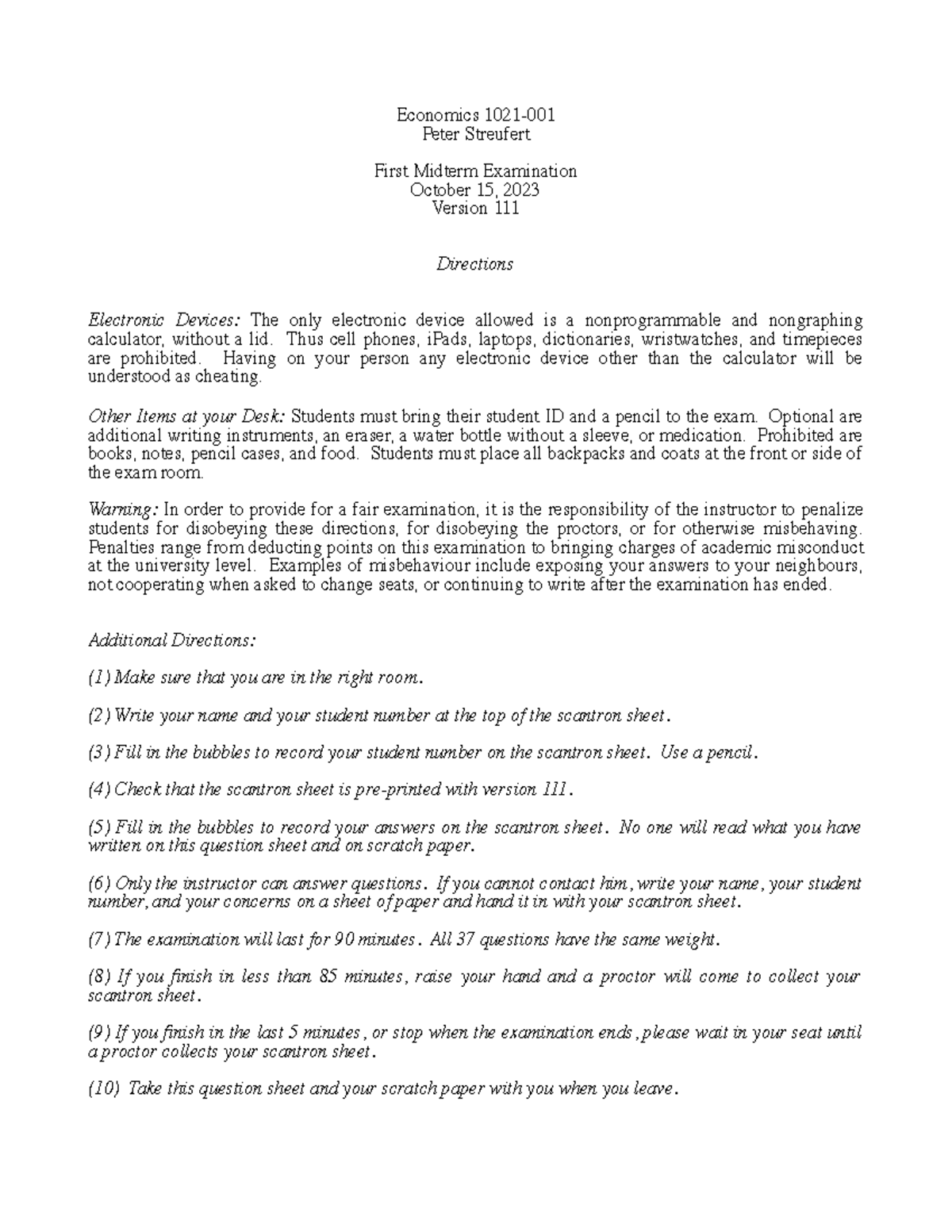 Econ midterm - Economics 1021- Peter Streufert First Midterm ...