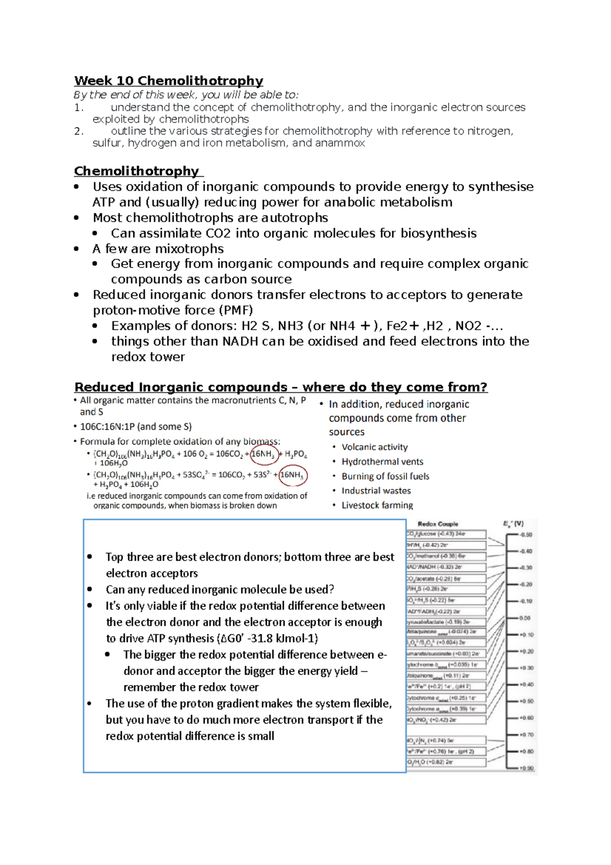 Week 10 Chemilithotrophy - Week 10 Chemolithotrophy By the end of this ...
