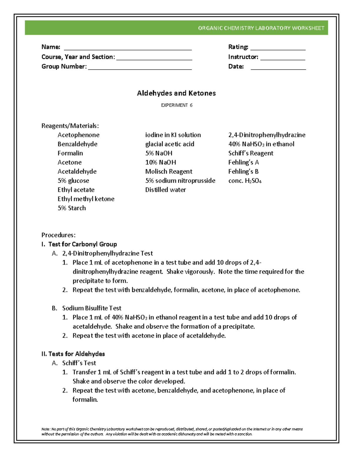 Experiment 6 Aldehydes and Ketones - Org Chem Blueprint-1 - Note: No ...