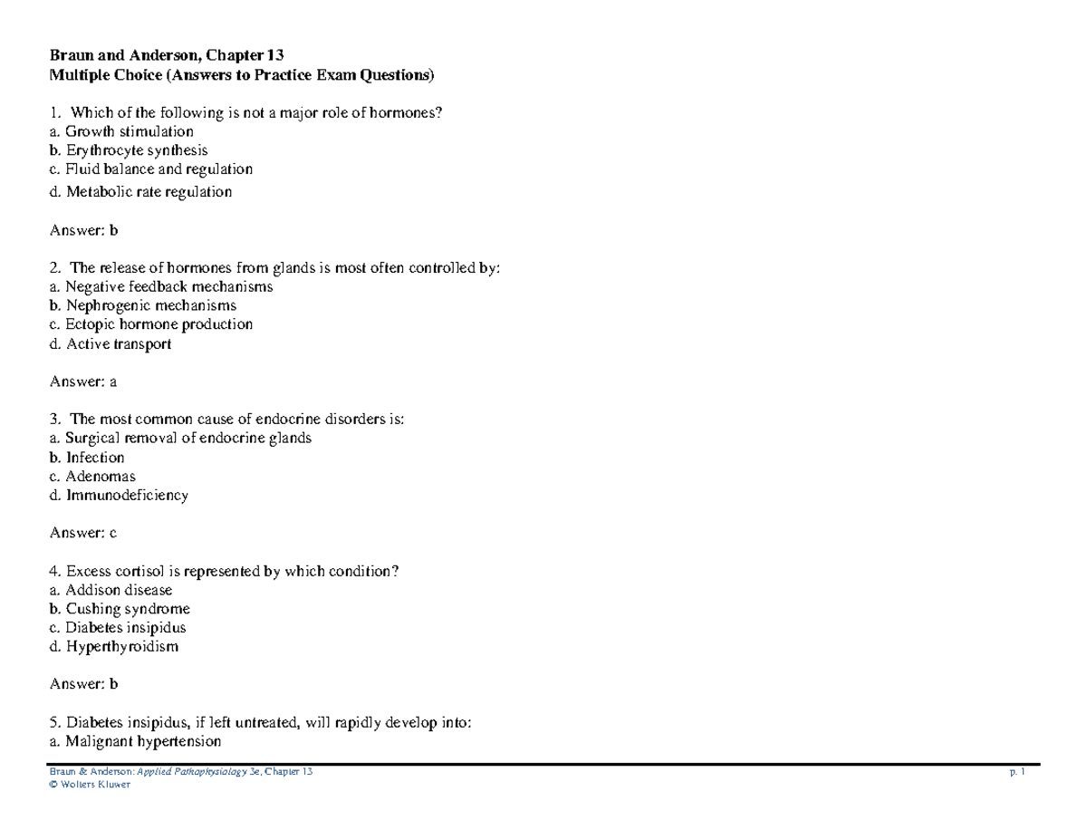 Ch13 Altered Hormonal Metabolic Regulation MCQ Answers - Braun ...