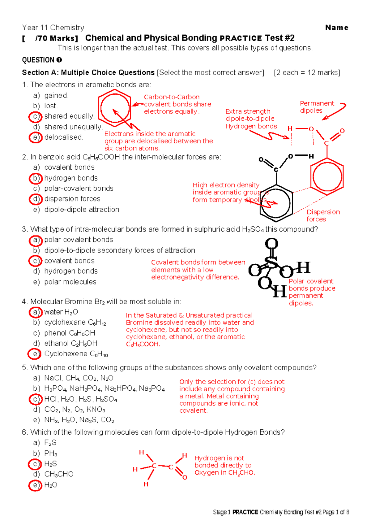 2024 Covalent Bonding Secondary Forces Practice Answers - Year 11 ...