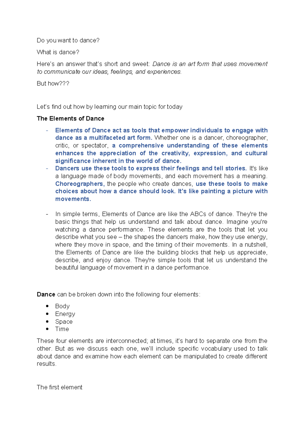 Dances - But how??? Let’s find out how by learning our main topic for ...