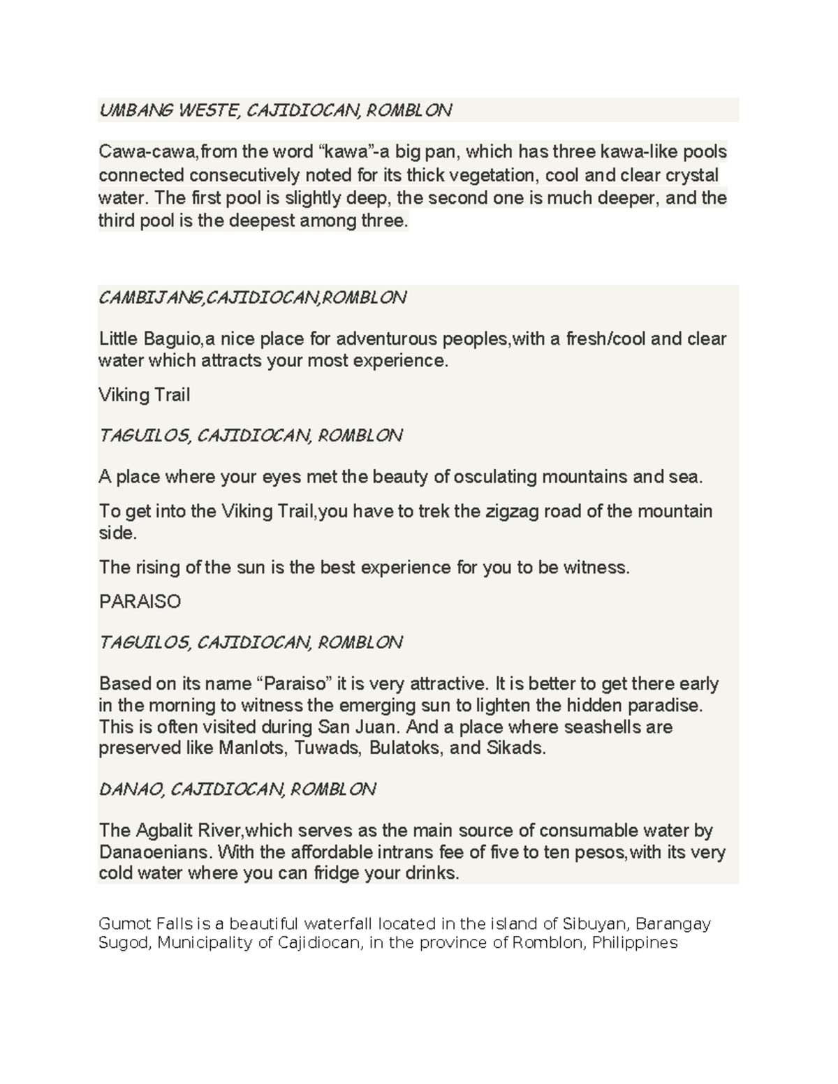 Tourism - notes - UMBANG WESTE, CAJIDIOCAN, ROMBLON Cawa-cawa,from the ...