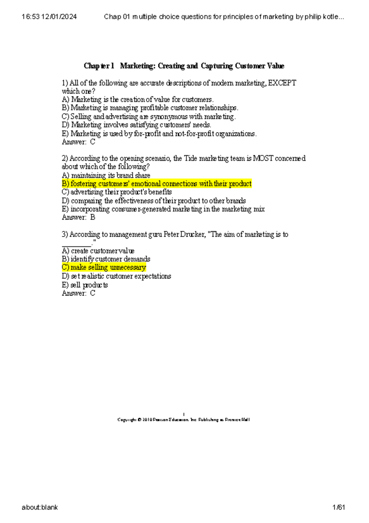 Chap 01 multiple choice questions - Chapter 1 Marketing: Creating and Capturing Customer Value ...