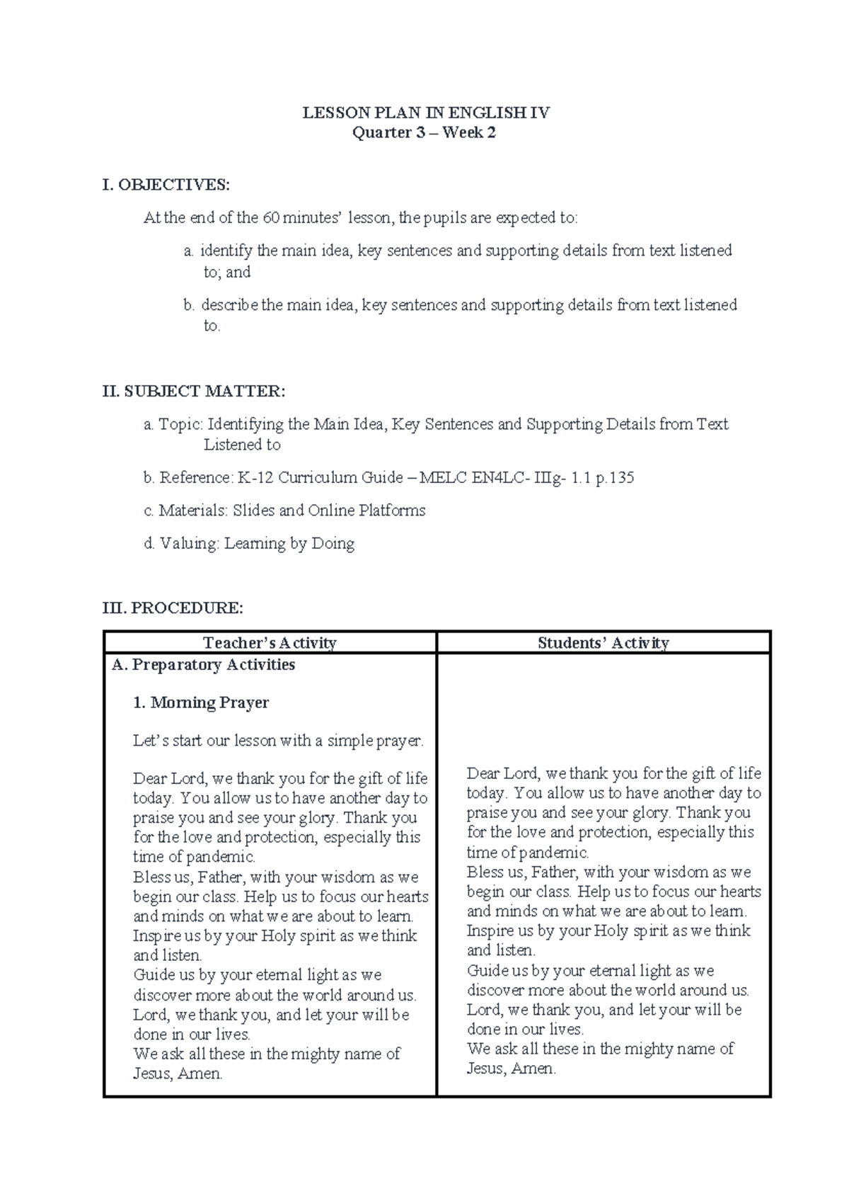 Detailed Lesson PLAN IN English IV - LESSON PLAN IN ENGLISH IV Quarter ...