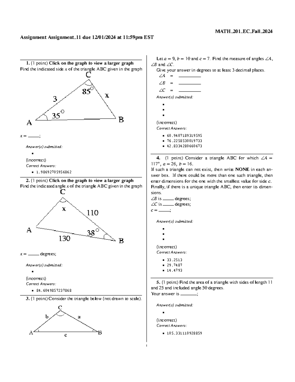 MATH 201 EC Fall 2024 - Math 201 Assignment 11 answers - MATH 201 EC ...