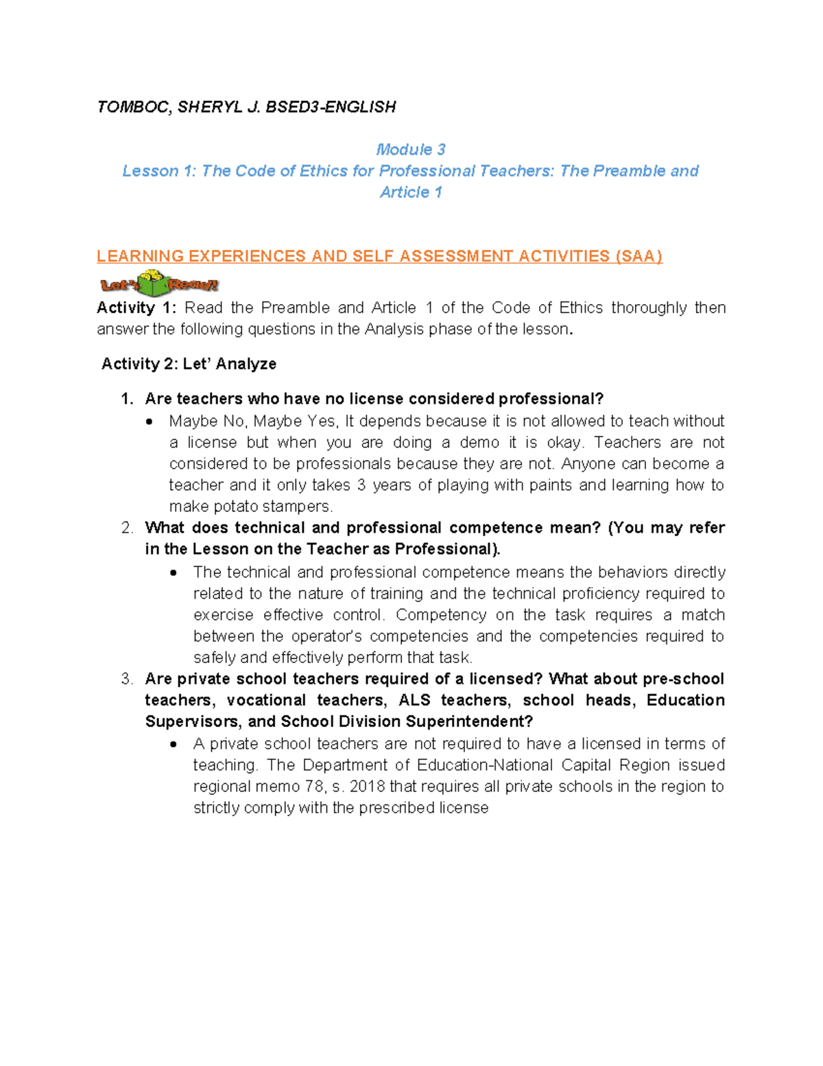 Module-3 compress - Answers FOR OUR ACTIVITY IN PROFESSION FOR - TOMBOC ...