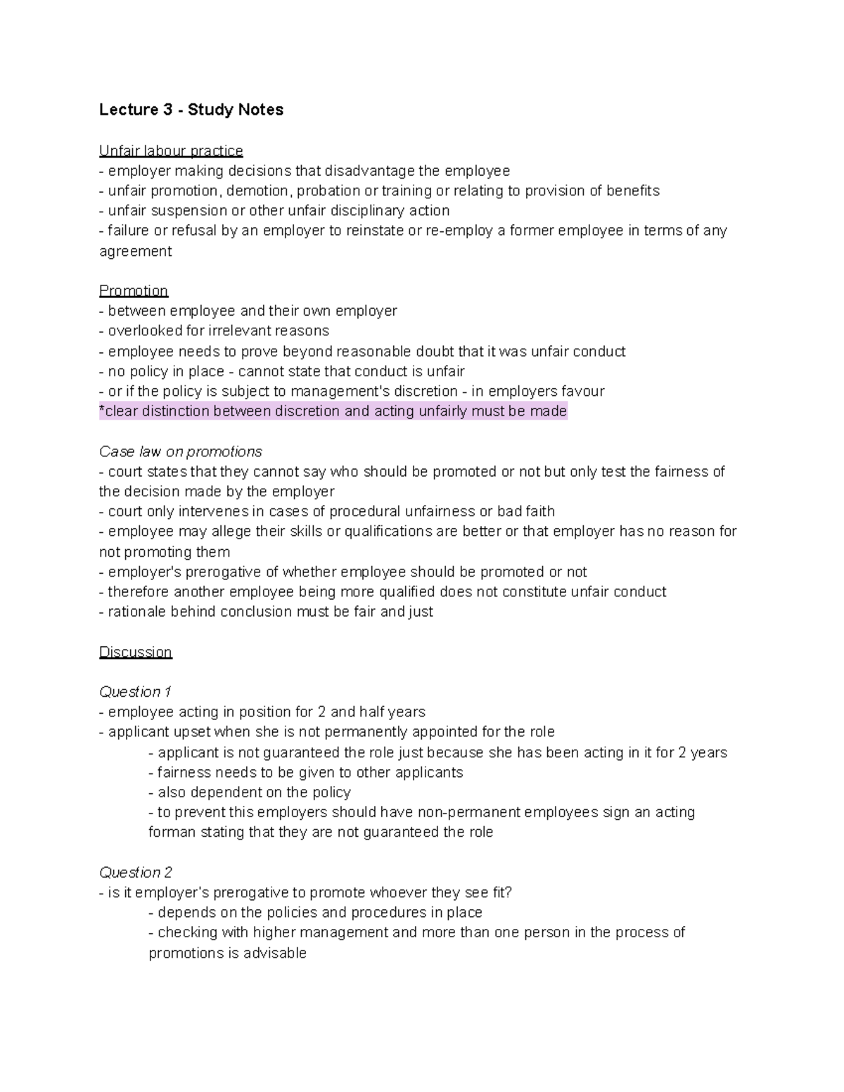 Lecture 3 - Study Notes (HR) - Lecture 3 - Study Notes Unfair labour ...