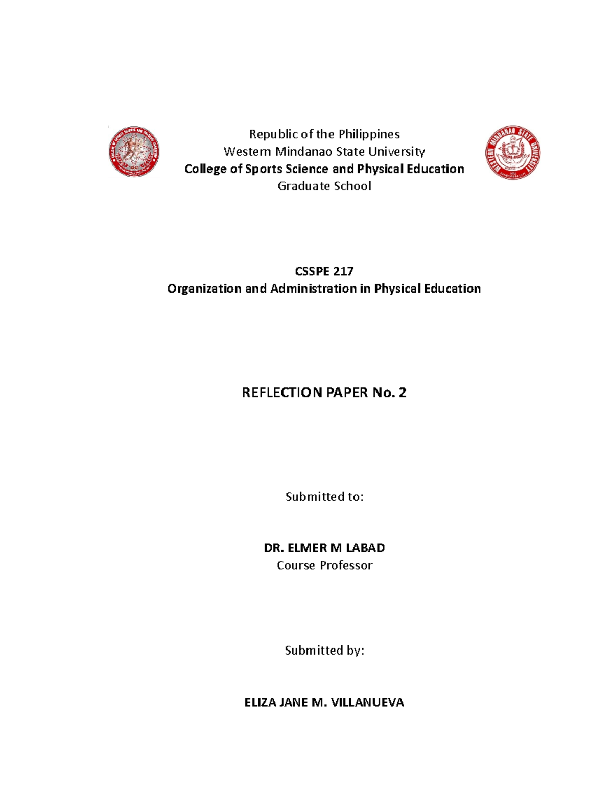 Csspe 217 Relection Paper NO - Republic of the Philippines Western ...