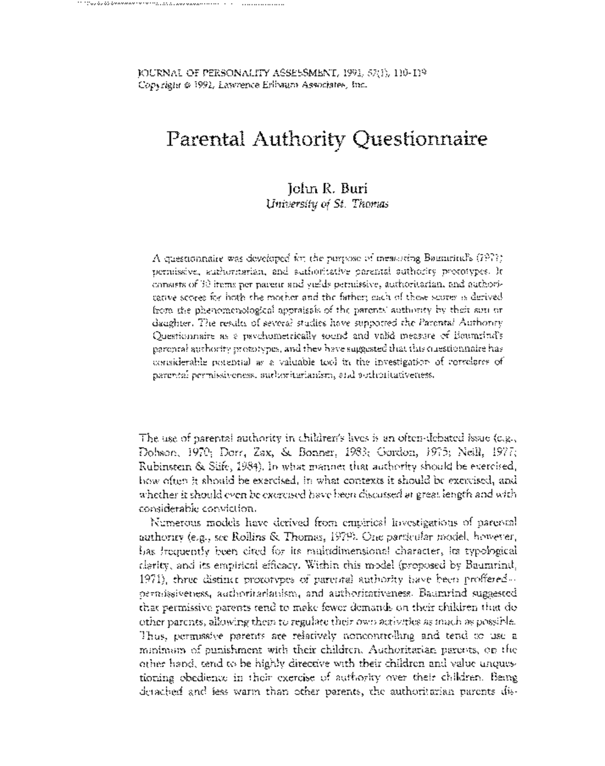 Parental Authority Questionnaire - JOURNAL OF PERSONALITY ASSESSMENT ...