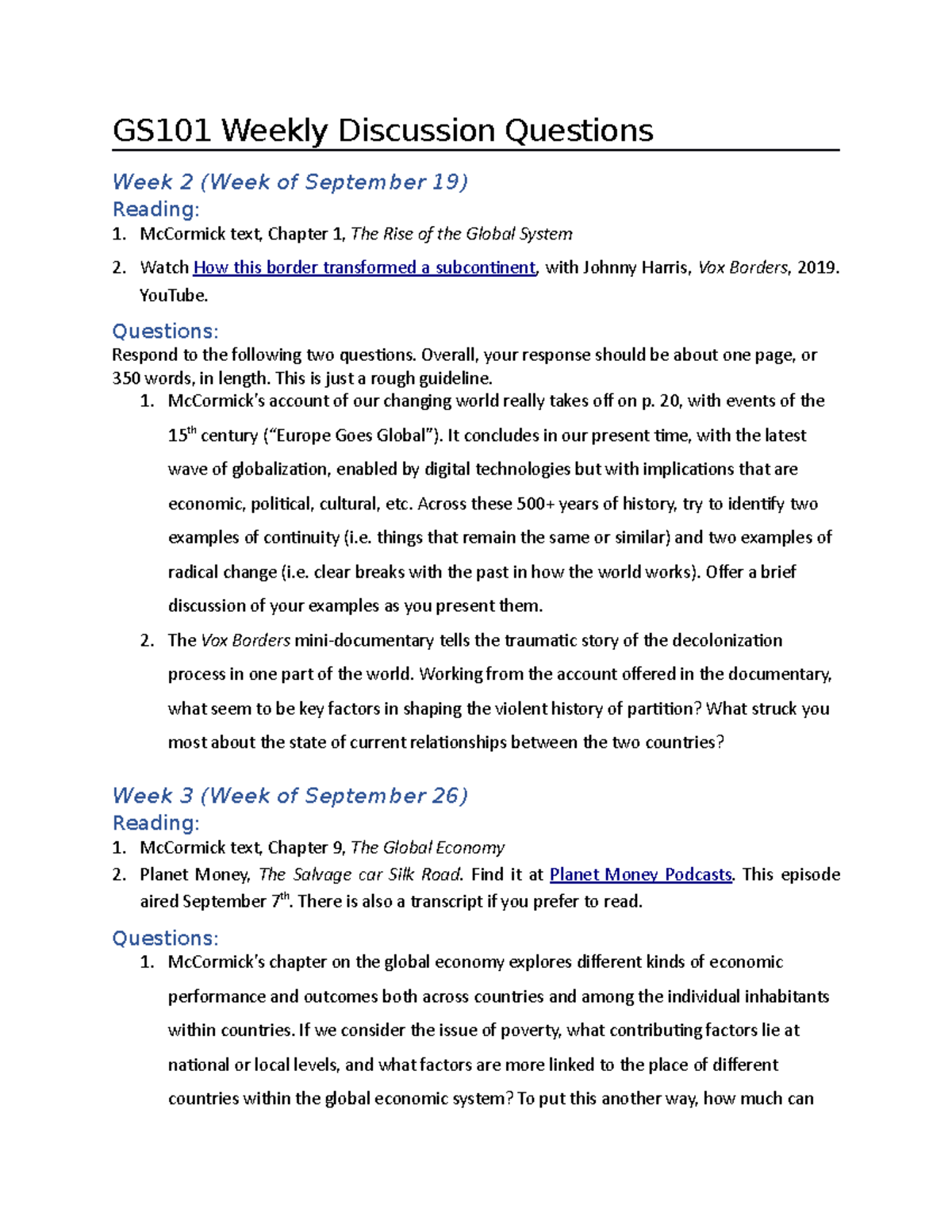 GS101 Weekly Discussion Questions - YouTube. Questions: Respond to the ...