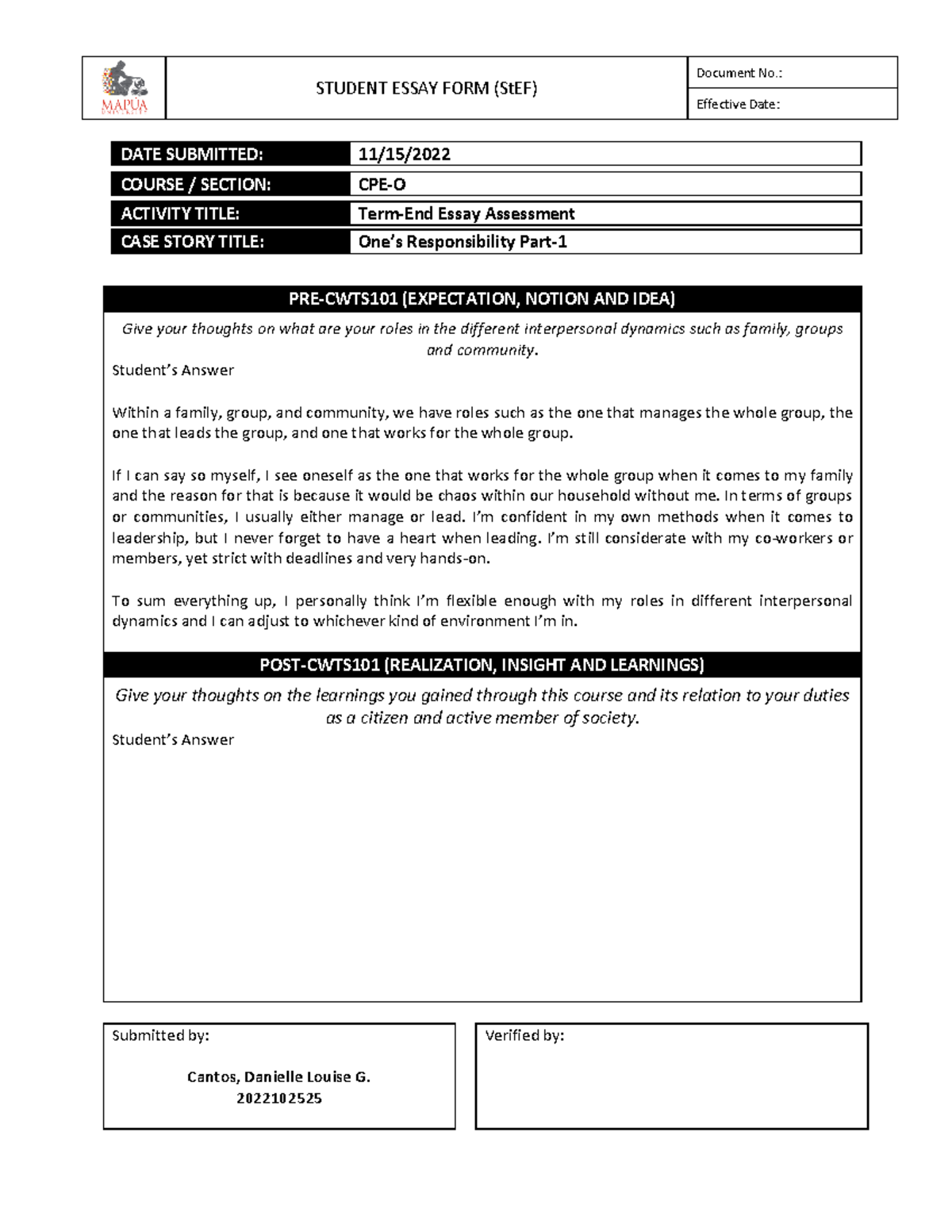 Term End Essay Part 1 - STUDENT ESSAY FORM (StEF) Document No ...
