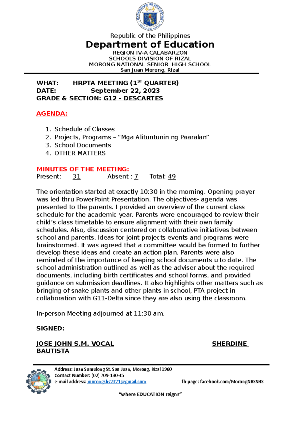 HPTA 1ST Meeting Minutes - Republic of the Philippines Department of ...