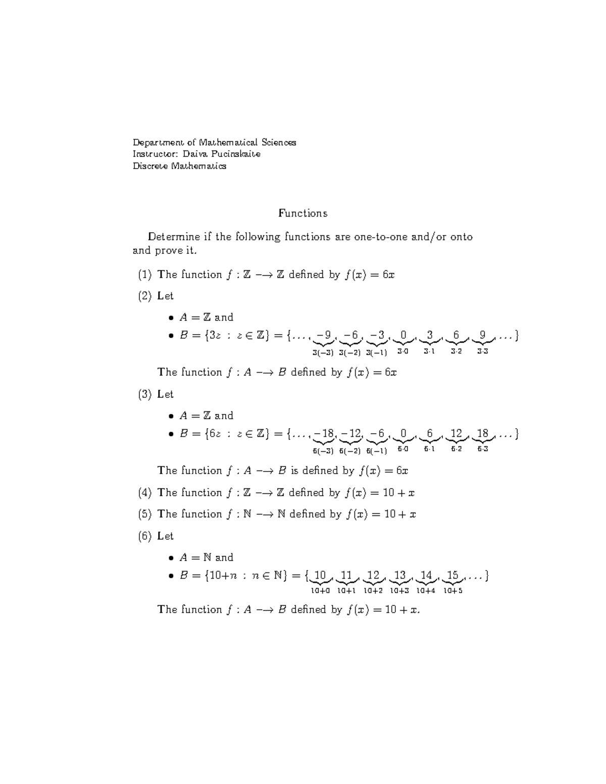 Exercise Discrete Mathematics Functions - Department of Mathematical ...