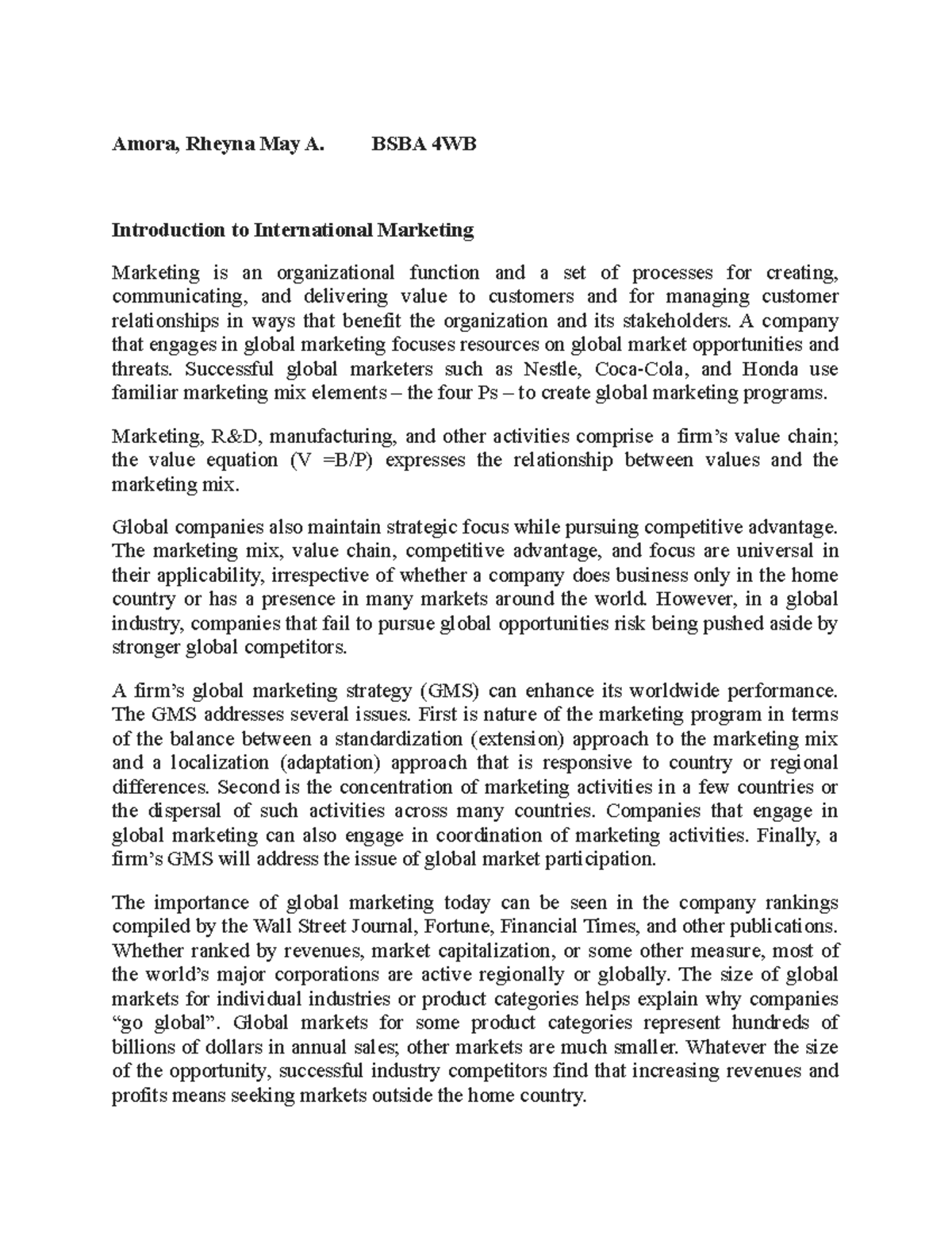 Introduction to international marketing - Amora, Rheyna May A. BSBA 4WB ...