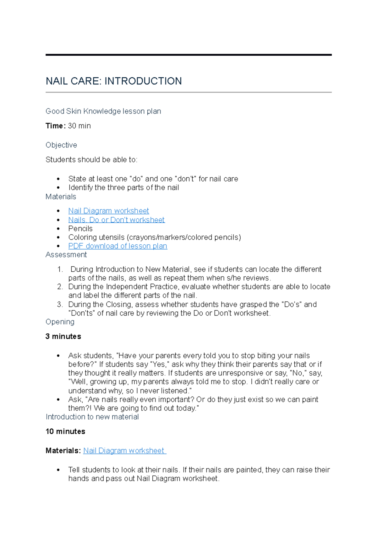 Nail care worksheet - give more information - NAIL CARE: INTRODUCTION ...