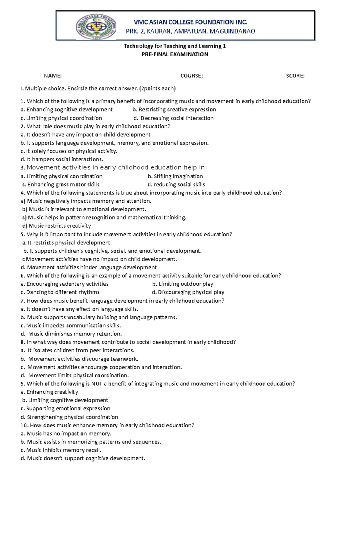 Creative arts and movement exam - Technology for Teaching and Learning ...