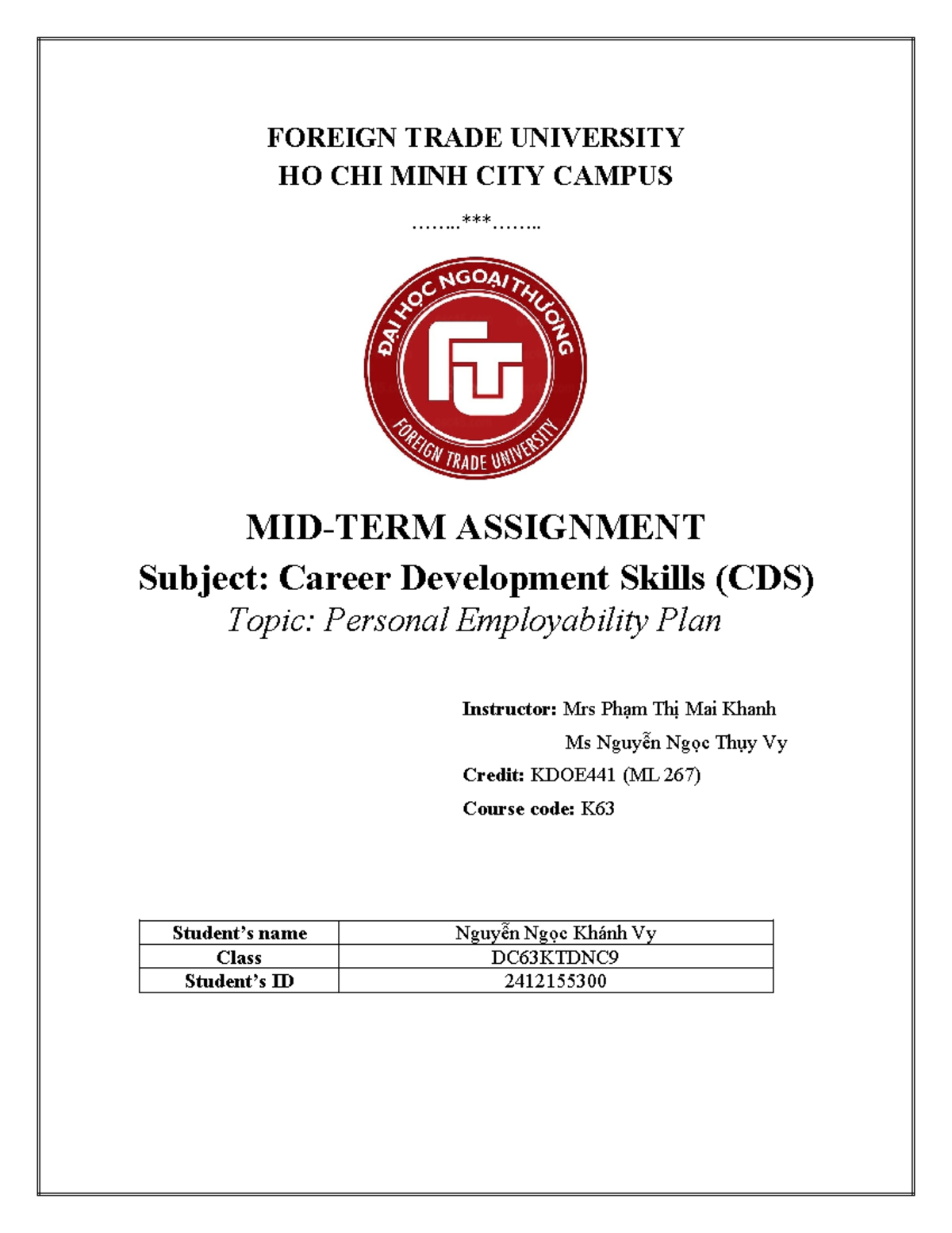 Introduction - personal plan - FOREIGN TRADE UNIVERSITY HO CHI MINH CITY CAMPUS ...