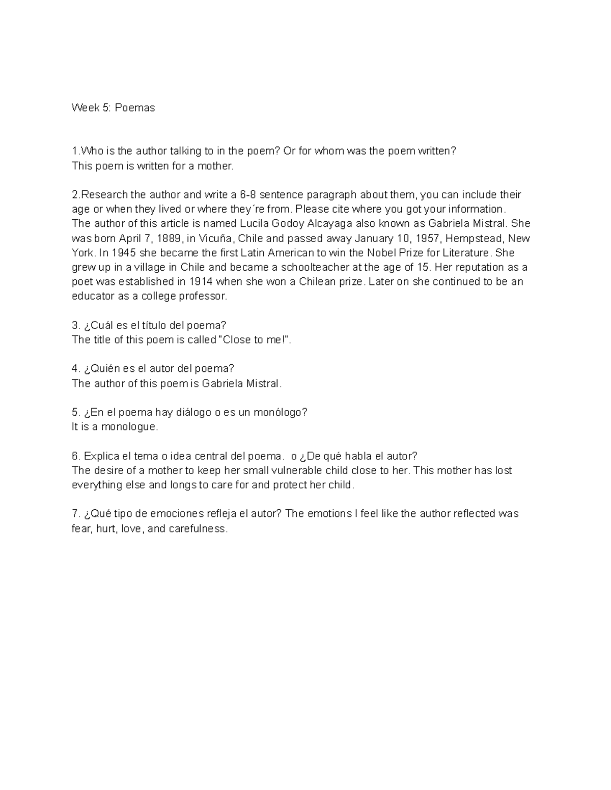 Spanish - Notes - Week 5: Poemas 1 is the author talking to in the poem ...