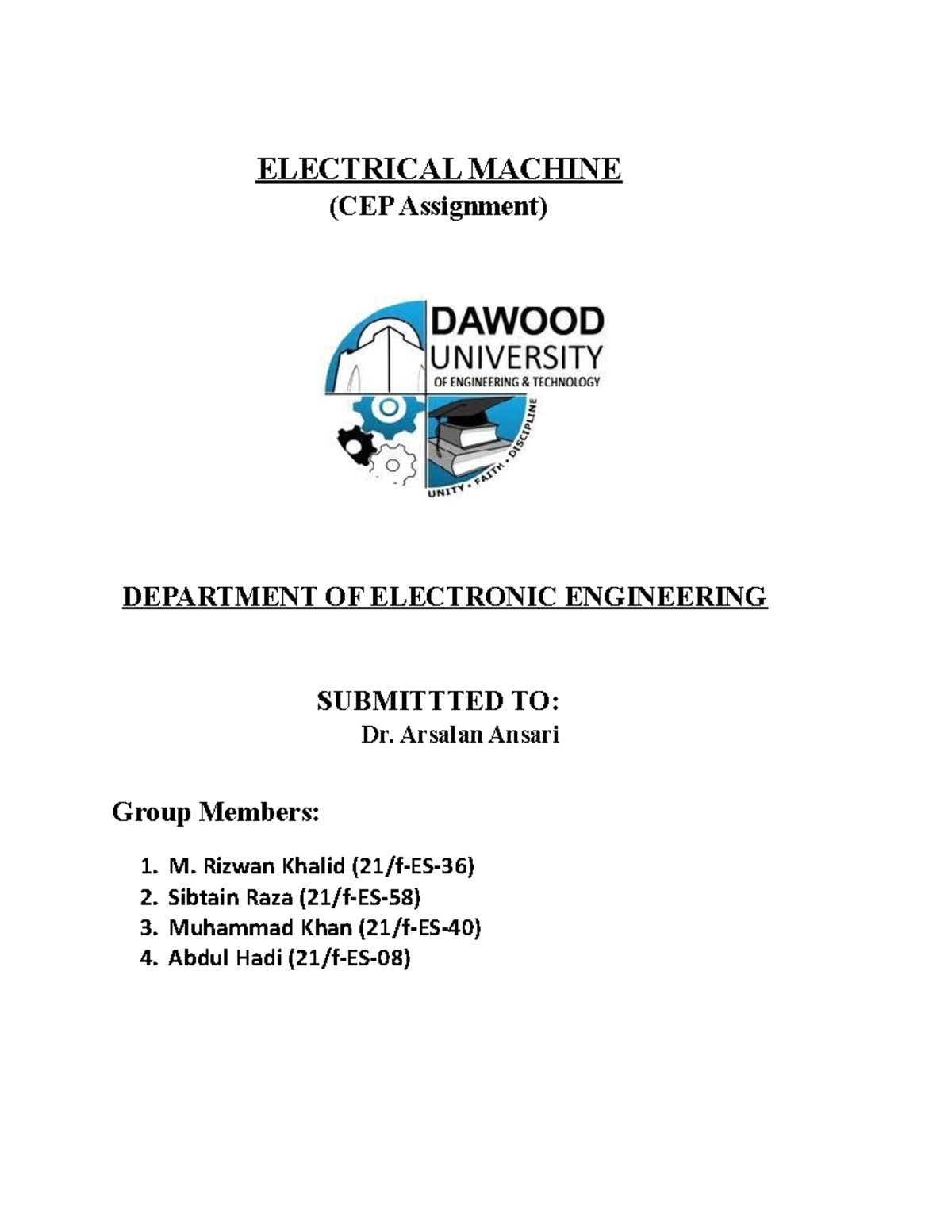 Sigma - For assignment - ELECTRICAL MACHINE (CEP Assignment) DEPARTMENT OF ELECTRONIC ...
