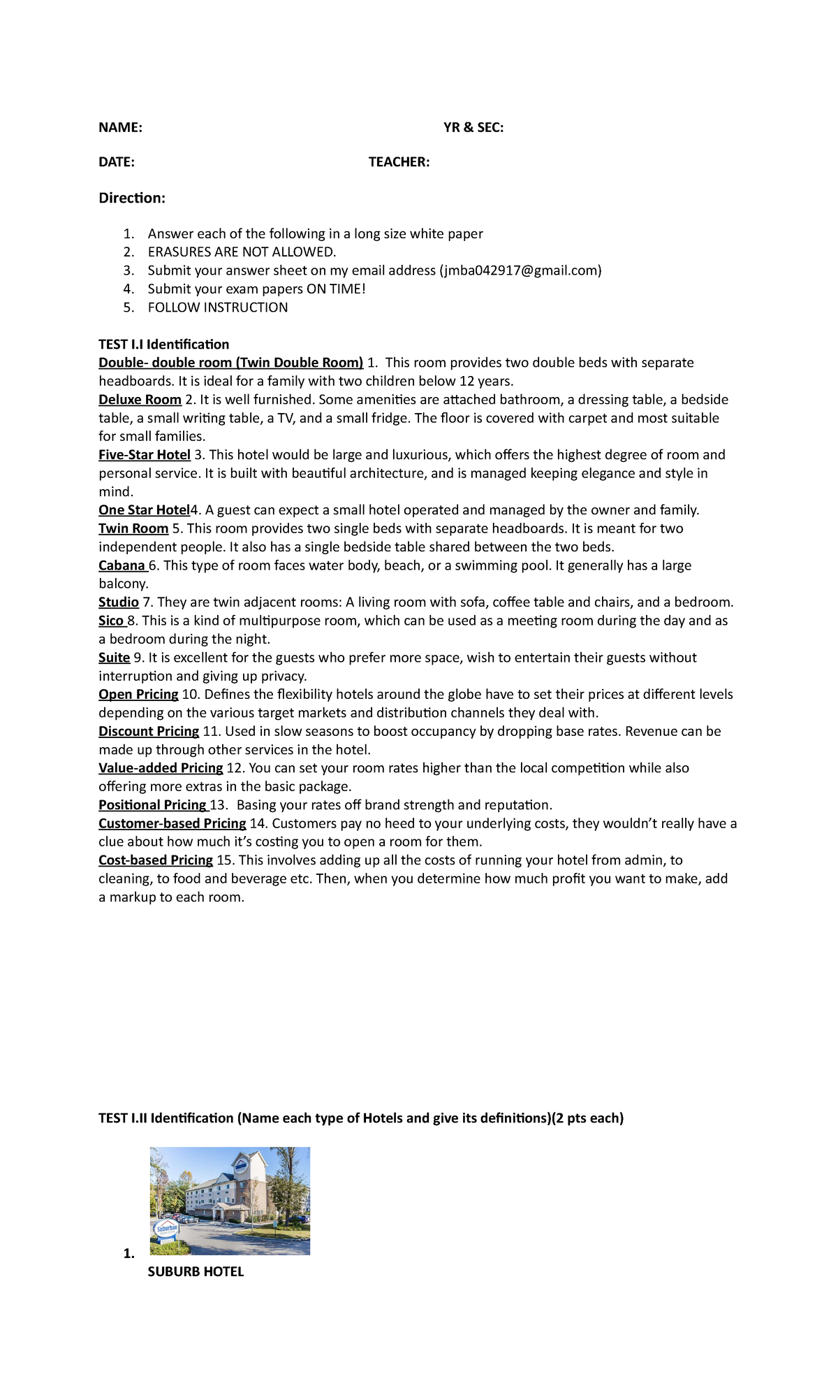 HMPE reviewer BSHM - NAME: YR & SEC: DATE: TEACHER: Direction: Answer ...