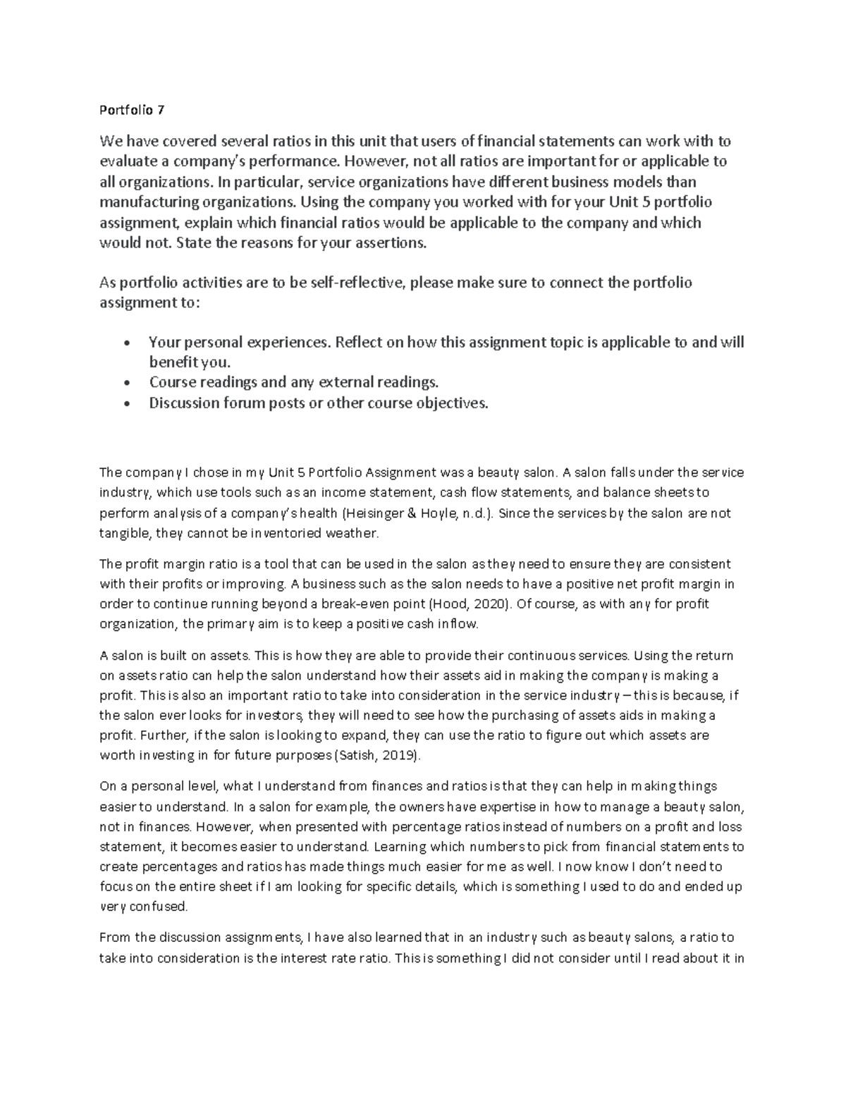 Portfolio 7 - Portfolio 7 We have covered several ratios in this unit ...